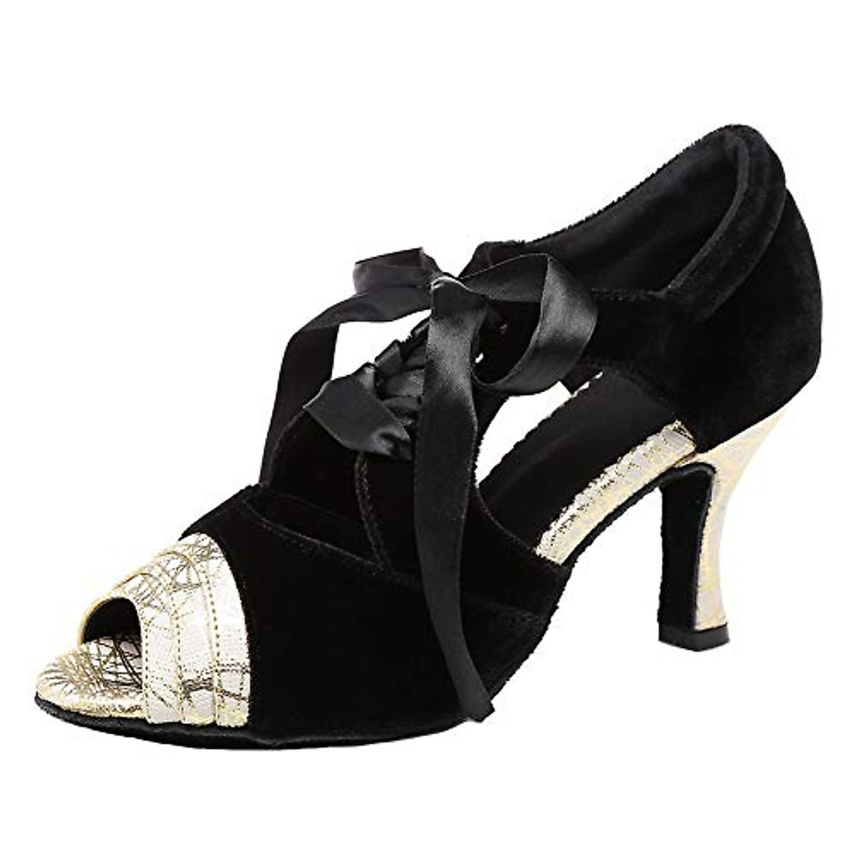 AOQUNFS Performance Dance Shoes Latin Dancing Shoes for Women Comfortable Salsa Ballroom Dance Heels,YCL310-Black Gold-5,US8