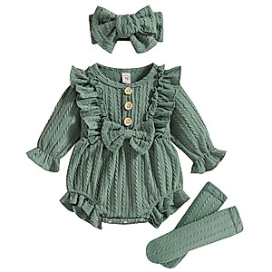 GRNSHTS Newborn Baby Girl Clothes Ruffle Solid Sweater Romper Long Sleeve Button Bodysuit+Hairband+Socks 3Pcs Fall Winter Outfits(Green,6-9 Months)