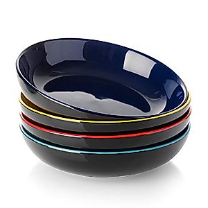 Teocera Pasta Bowls, Large Salad Bowls, Porcelain Bowl Set, Wide and Shallow, Microwave and Dishwasher Safe, 35 Ounce - Set of 4, Black Multi Color