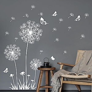 Supzone Dandelion Wall Stickers Flower Wall Decals Butterflies Flying Wall Decors Art Stickers for Bedroom Living Room Sofa Backdrop TV Wall Decor (White Dandelion)