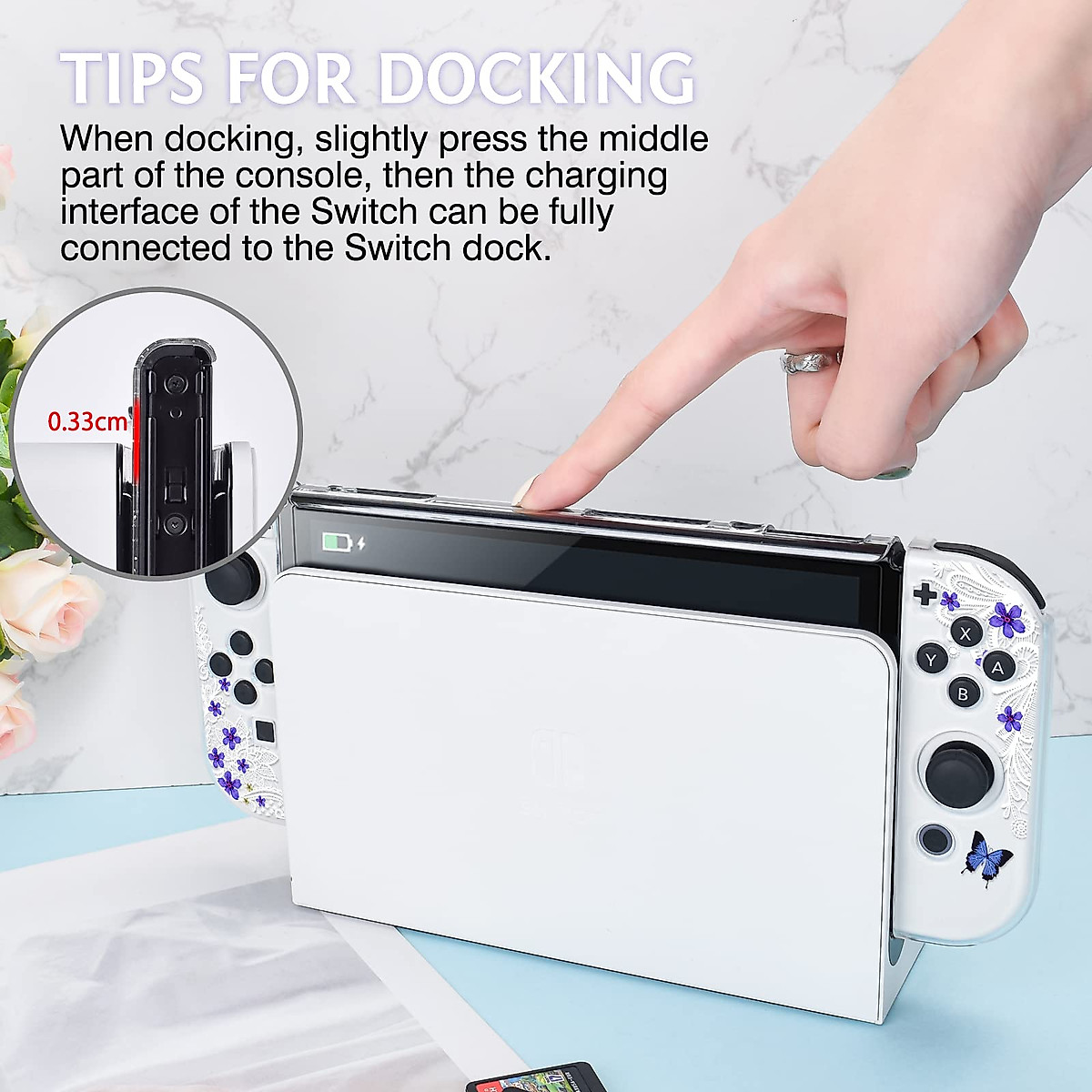 DLseego Purple Butterfly Flower Floral Switch OLED Case 2021 Version Anti-Scratch Dockable Console Clear PC Hard Shell Soft TPU Shock-Absorption Joy Con Cover Romantic Design for Switch OLED Model