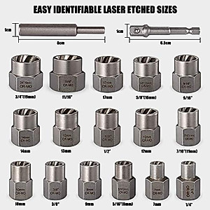 Topec 18-Piece Stripped Nut Remover, 3/8” Drive Impact Extractor Set, Damaged Bolt Nut Remover with Hex Adapter, Perfect Tool Kit for Removing Stripped, Damaged, Rounded off and Rusted Bolts & Nuts