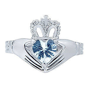 Fine 925 Sterling Silver Solitaire March Birthstone CZ Heart Irish Claddagh Ring (Size 7.75)