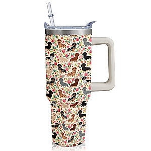 Vehcimbev 40oz Dachshund Tumbler with Handle and Straw - Stainless Steel Double Wall Insulated Tumbler - Hot & Cold - 40oz Capacity - Dachshund Gift