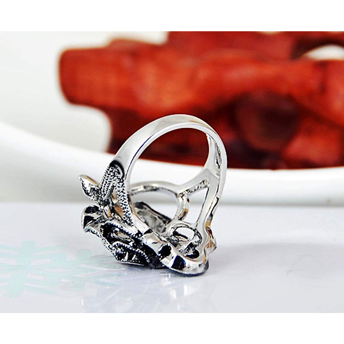 Yfnfxl Women's Cocktail Ring Fashion Black Crystal Marcasite Rose Flower Stainless Steel Rings