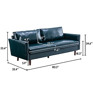 Dreamsir 80'' Faux Leather Sofa Couch, Mid-Century Modern Couch with Solid Wooden Frame & Padded Cushions, 3-Seater Couch for Living Room, Apartment, Lounge Room (Peacock Blue)