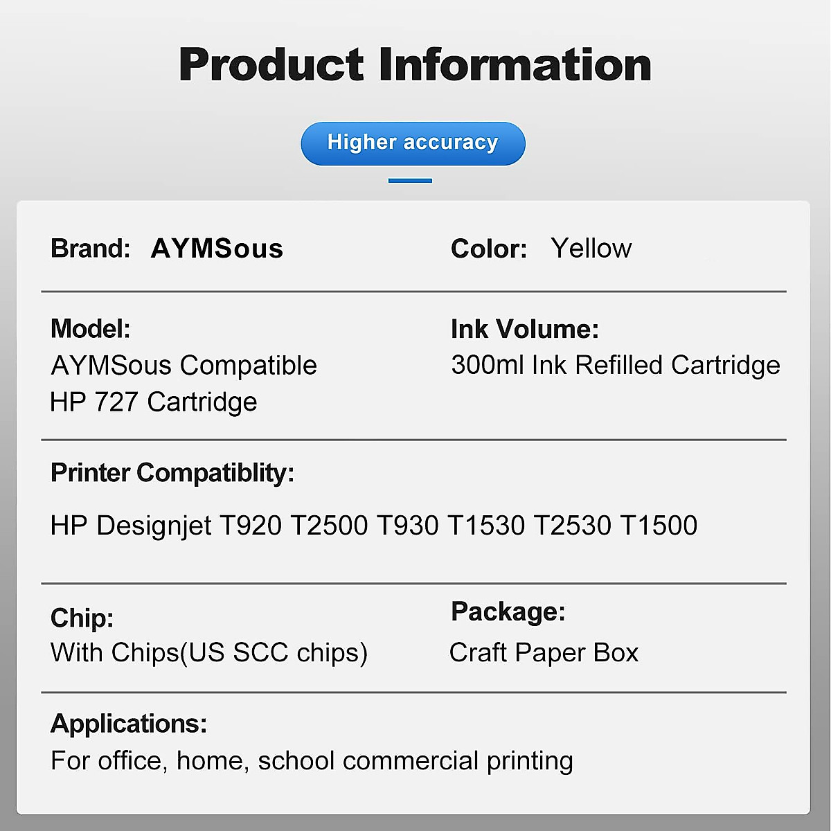 AYMSous Compatible for HP 727 Yellow 300ML Remanufactured Ink Cartridge Replacement for HP 727 for HP727 for HP 727Y for HP DesignJet T920 T930 T1500 T1530 T2500 T2530 Printers