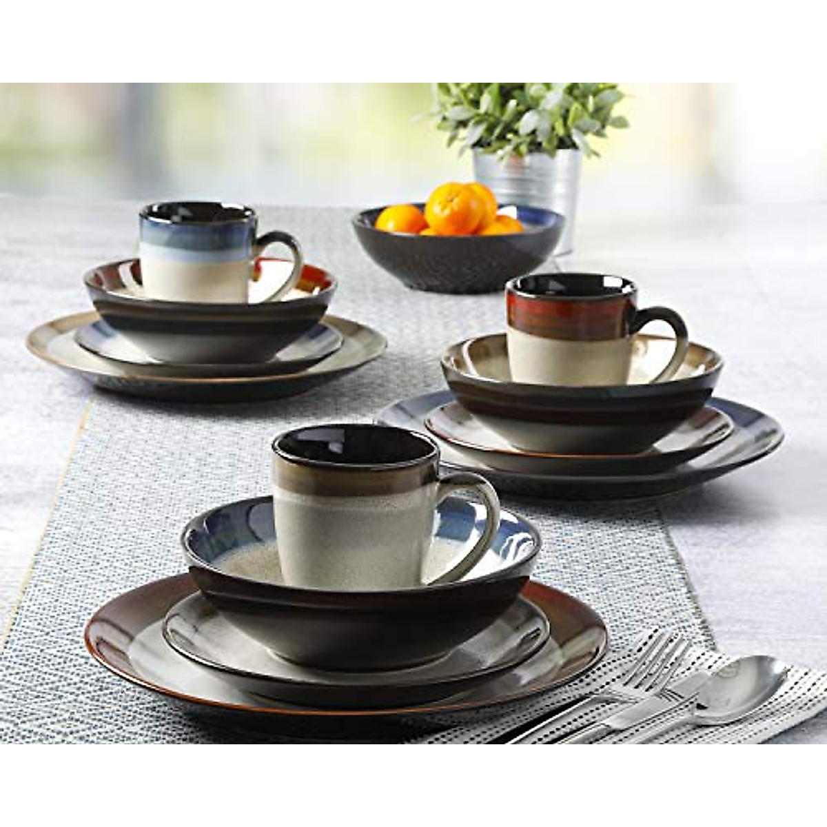 Gibson Elite Couture Bands Round Reactive Glaze Stoneware Dinnerware Set, Service for Four (16pcs), Blue and Cream