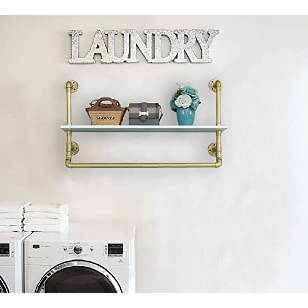 BOTAOYIYI Gold Clothing Rack, 40 inch Industrial Pipe Clothing Rack, Hanging Garment Clothes Wall Mounted with Shelves Shelving Rod White for Boutiques Retail Laundry Room Bedroom(39.4x9.8x19.7)