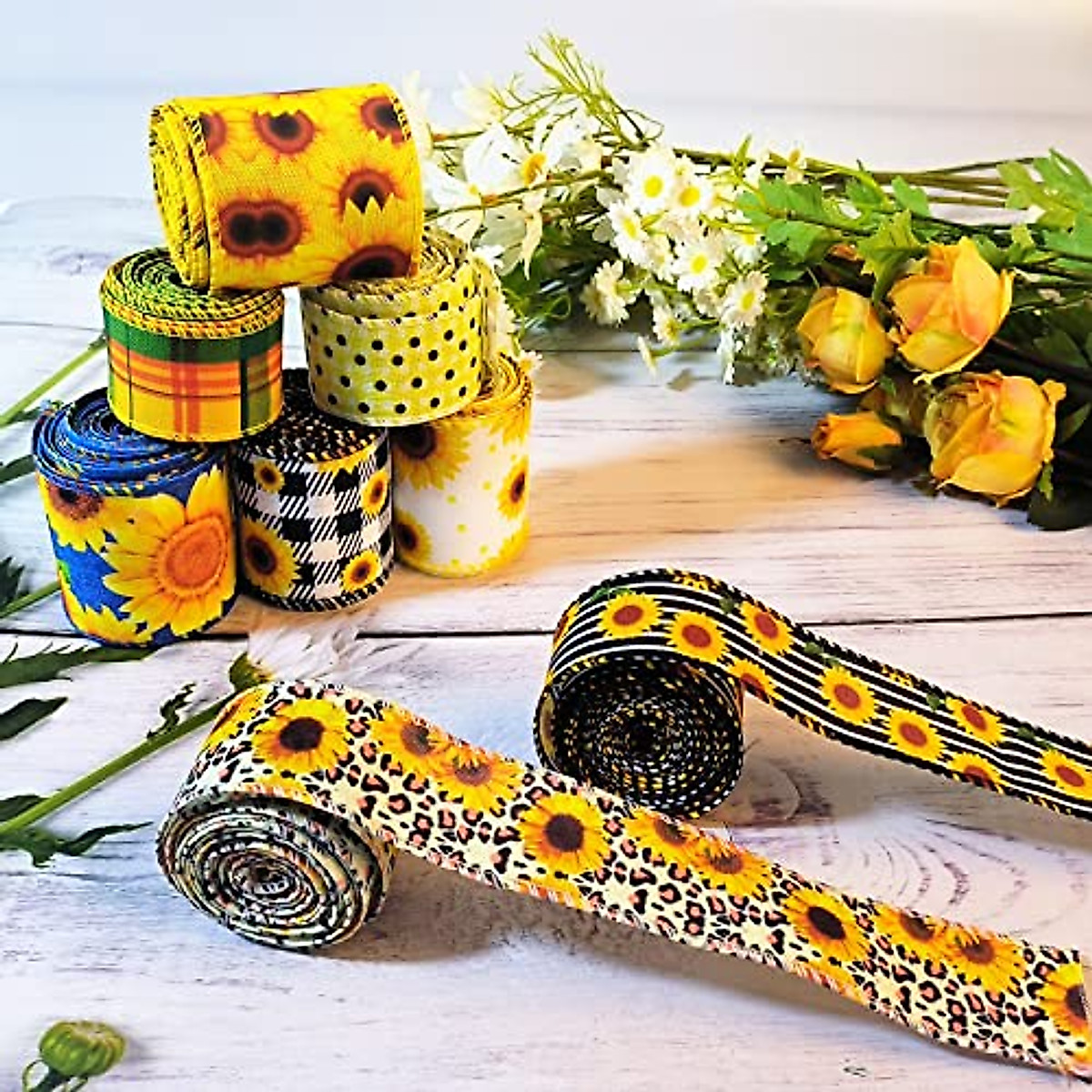Kuscul 8 Rolls 32 Yards Sunflower Wired Ribbon Fall Autumn Wired Edge Ribbon Thanksgiving Fabric Decorative Ribbon for Gift Wrapping Hair Bow Sewing Crafts Wreath, 2.5in/ 1.5in