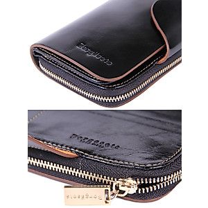 Borgasets RFID Blocking Large Capacity Wax Real Leather Clutch Wallet Card Holder Purse for Women, Black