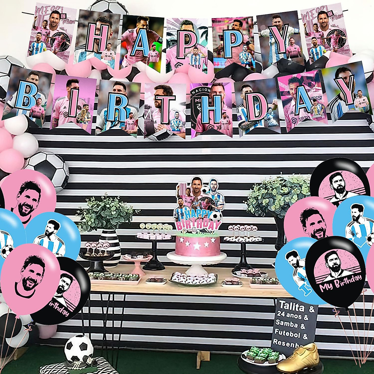 𝓜𝓮𝓼𝓼𝓲 𝓜𝓲𝓪𝓶𝓲 birthday party decoration supplies, 𝓜𝓮𝓼𝓼𝓲 𝓜𝓲𝓪𝓶𝓲 Soccer themed birthday party supplies include cupcake decoration, cake decoration, banners, balloons.