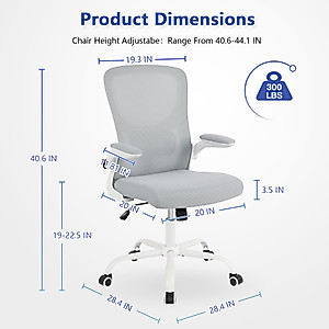 Hyrestii Home Office Chair Ergonomic Desk Chair with Lumbar Support, Breathable Mid-Back Comfortable Mesh Computer Chair with PU Silent Wheels, Flip-up Armrests, Tilt Function