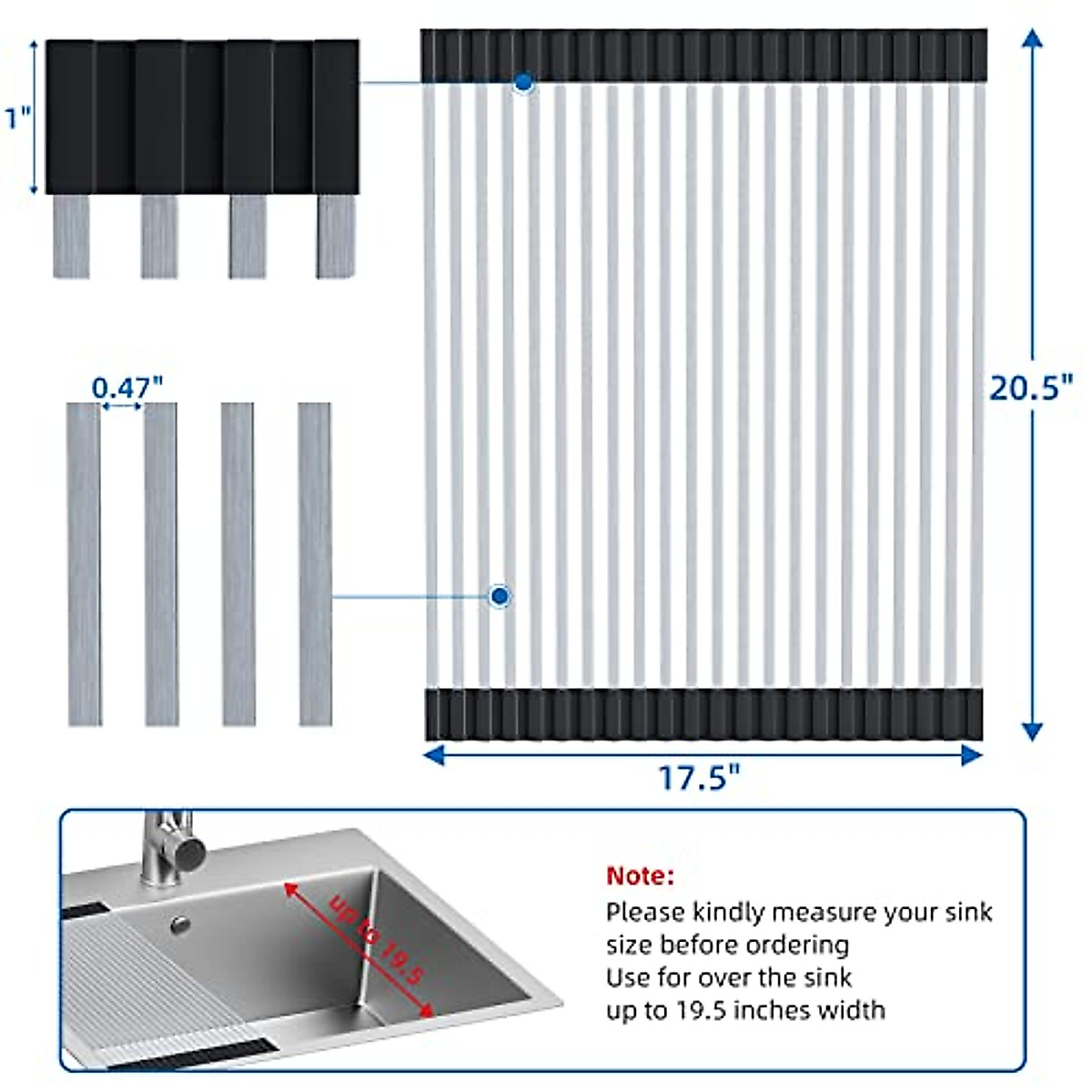 Roll Up Dish Drying Rack Multipurpose Over The Sink Dish Rack, Extra Large Roll-up Kitchen Sink Plate Drying Rack, Foldable Stainless Steel Dish Drainer, Portable Sink Drying Rack (20.5'' x 17.5'')
