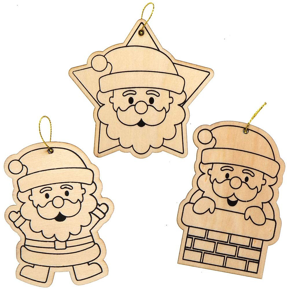 Baker Ross AX420 Jolly Santa Wooden Decorations - Pack of 12, Christmas Decorations for Kids to Decorate and Display, Ideal Kids Arts and Crafts Project
