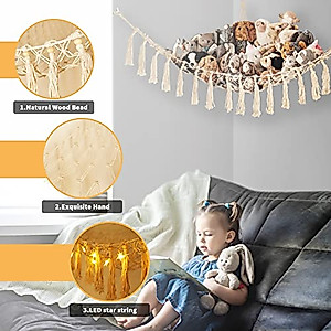 Stuffed Animal Net or Hammock Stuffed Animal Storage with Led Extra Large Stuffed Animal Net Boho Toy Hammock for Stuffed Animals Plush Cream Toy Storage Holder for Kids Bedroom (White)