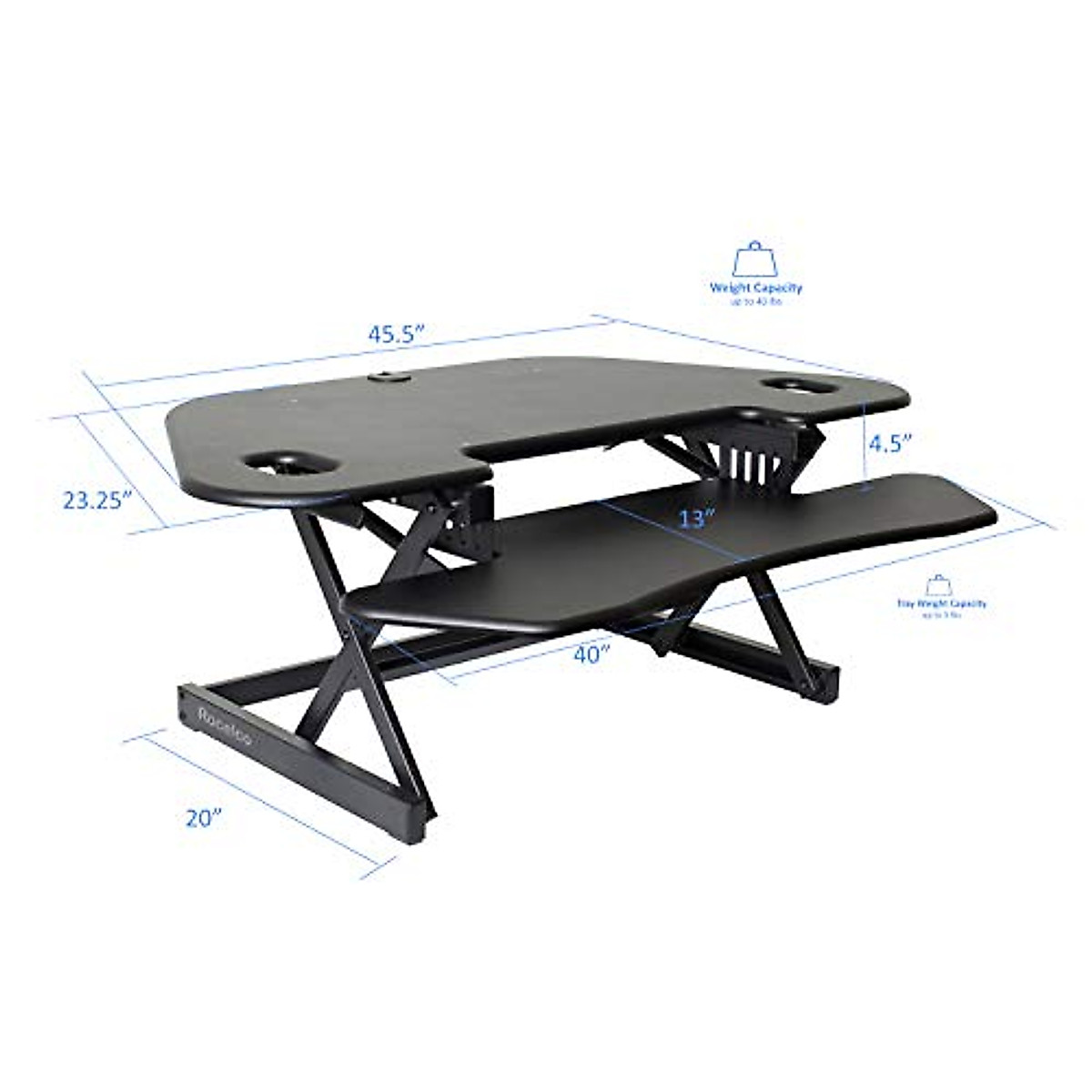 Rocelco 46" Height Adjustable Corner Standing Desk Converter with Dual Monitor Arm Mount BUNDLE - Sit Stand Up Computer Workstation Riser - Extra Large Keyboard Tray - Black (R CADRB-46-DM2)
