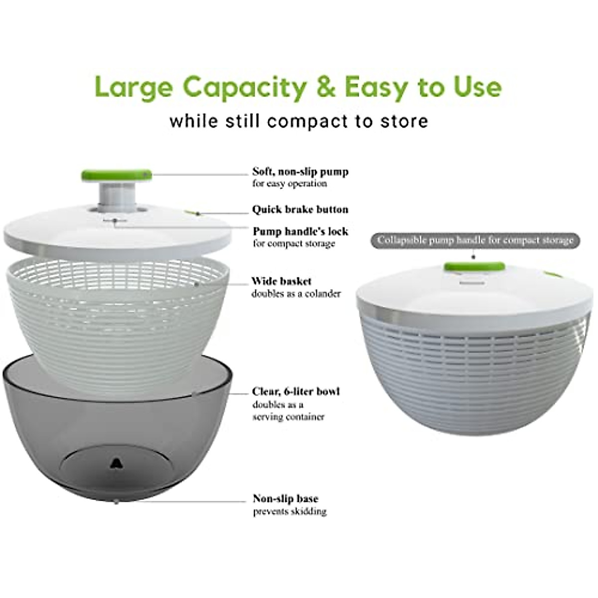 Brieftons 6.2-Quart Large Salad Spinner: Vegetable Washer Dryer Drainer Strainer with Bowl & Colander, Easy One-Handed Pump, Compact Storage, for Washing, Cleaning & Drying Greens, Vegetables, Fruits