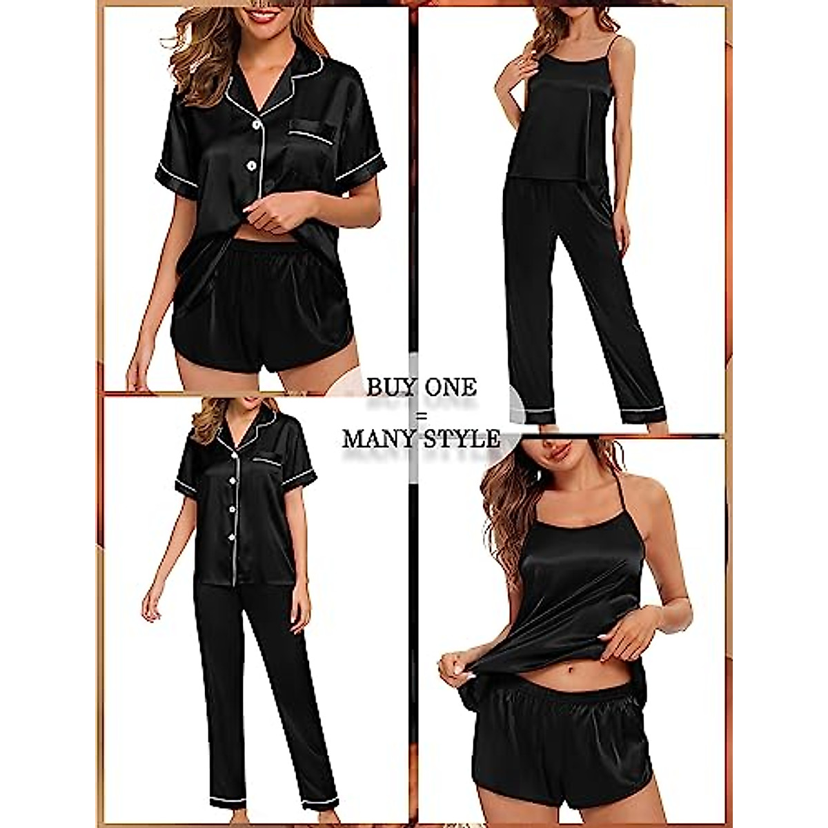 SWOMOG 4 Pcs Silk Pajamas for Women Shorts Set Satin Sleepwear Sexy Cami Pants Button-down Shorts Shirt Pjs Set Lounge Wear Black