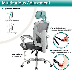 DUMOS Home Office Desk Chair with Footrest, High-Back Mesh Rolling Swivel Reclining Chairs with Wheels, Comfortable Headrest, Lumbar Support, Comfy Arms for Home, Office, Gaming, Student, Grey