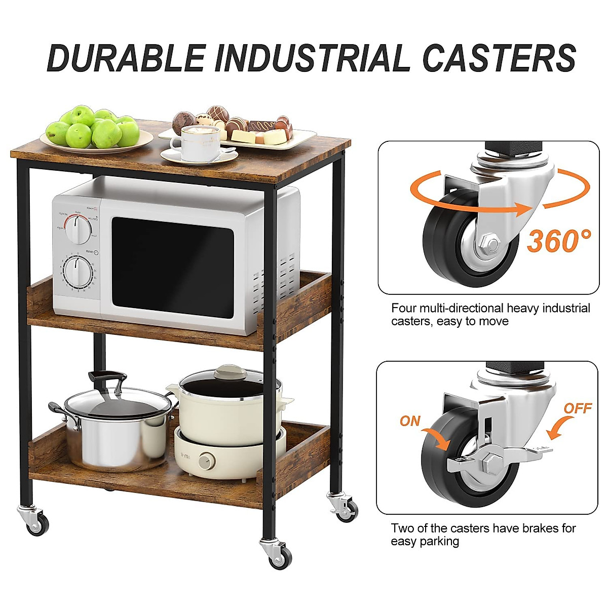 Kitchen Microwave Cart, 3 Tier Rolling Kitchen Utility Cart on Wheels Coffee Cart, Kitchen Storage Islands for Living and Kitchen Room