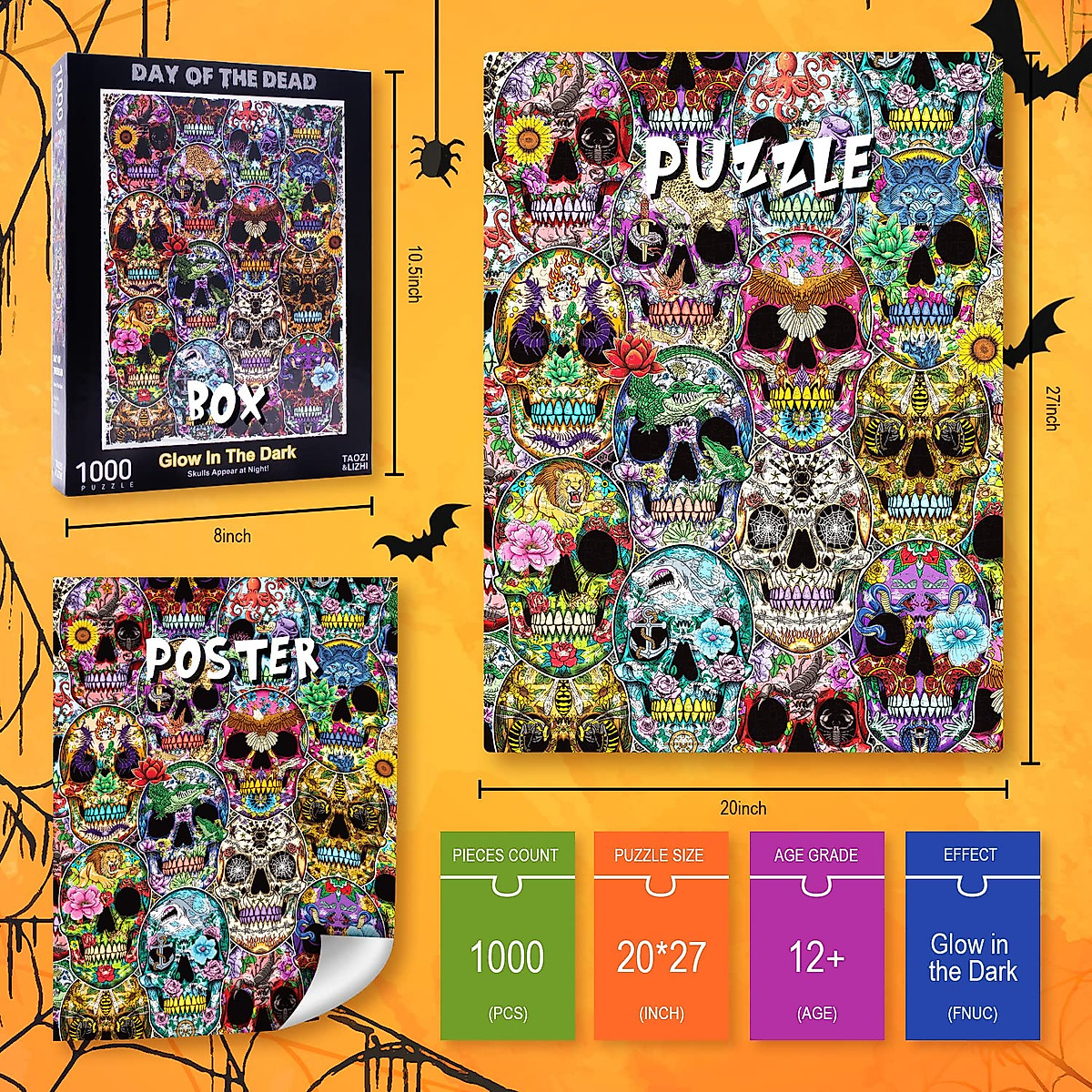 TAOZI&LIZHI Jigsaw Puzzles for Adults 1000 Piece, Halloween Puzzle Picture Family Decorations, Day of The Dead (Sugar Skulls), Party Supplies Unique Christmas Birthday Gifts for Kids and Teenagers