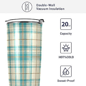 Green and White Check Stainless Steel straw, vacuum insulated water bottle with Lid and Straw travel coffee mug with lid for Home, Office or Car simply modern flip straw tumbler vaso para agua