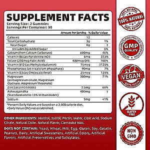 Calcium Magnesium Zinc Gummies, Sugar Free Calcium Supplement for Women Men, High Absorption Calcium with Vitamin D3 Gummies for Bone & Muscle & Nerve Health, Vegan Raspberry Flavor - 60 Count