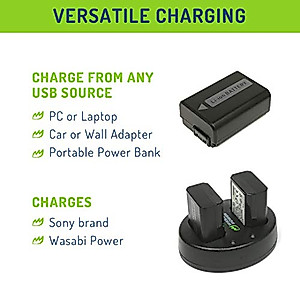 NP-FW50 Wasabi Power Camera Battery (3-Pack) & Dual USB Charger for Sony ZV-E10, Alpha a6000, a6300, a6400, a6500, a7, a7 II, a7R, a7R II, a7S, a7S II, RX10 II, III, IV Battery 1300mAh Micro USB Input