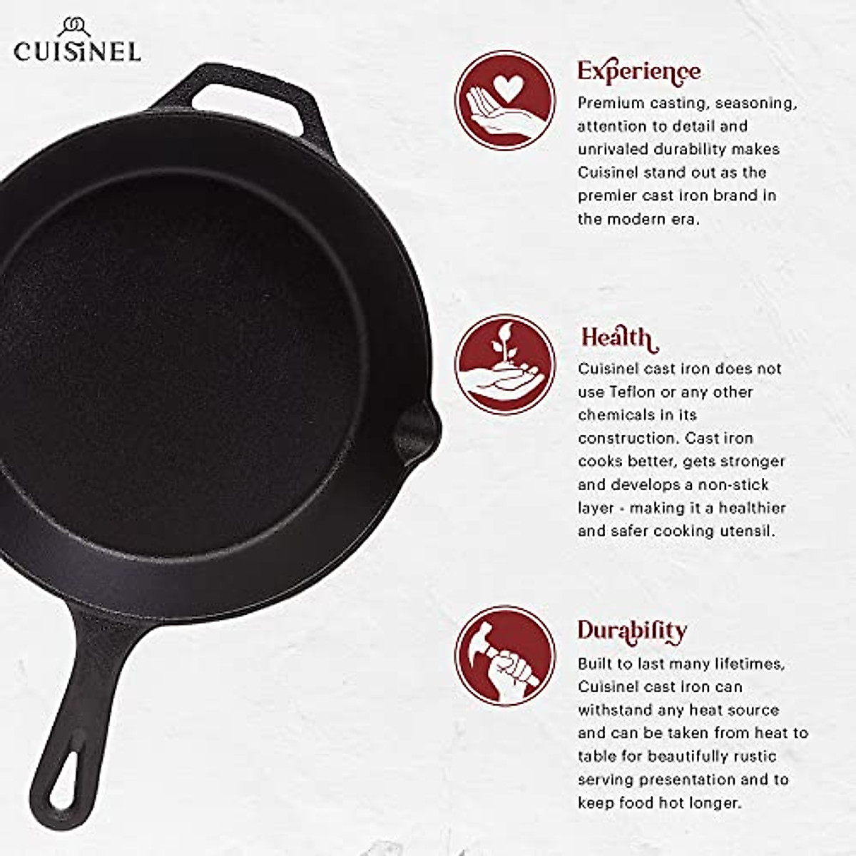 Cuisinel Cast Iron Skillets Set - 3-Piece: 6" + 8" + 10"-Inch Chef Frying Pans - Pre-Seasoned Cookware + 3 Silicone Handle Cover Grips - Use Indoor/Outdoor, Grill, Stove, BBQ, Fire, Oven