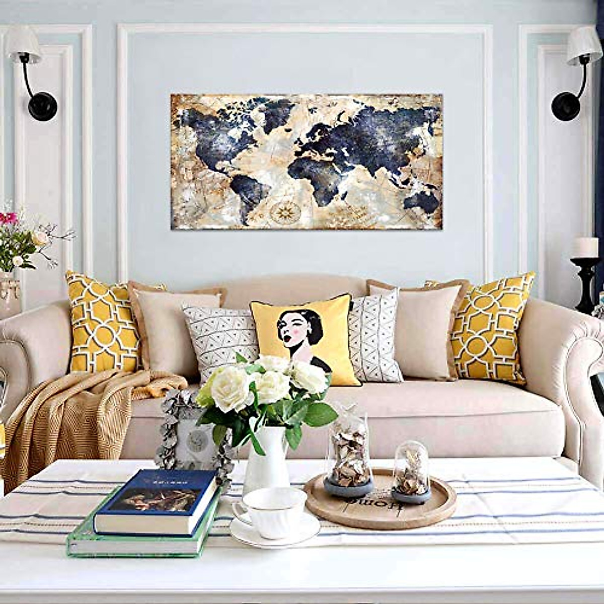 World Map Wall Art Framed Art Print Picture Wall Art Decor Home Interior - Map Picture for Office Wall Decor Canvas Artwork 20x40inch Ready to Hang