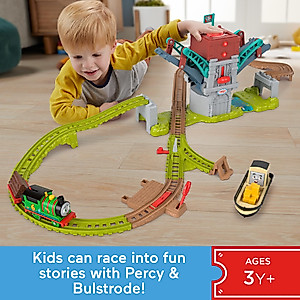 ​Thomas & Friends Toy Train Set Talking Bulstrode & Which-Way Bridge Track Playset with Sounds & Percy Engine for Kids Ages 3+ Years