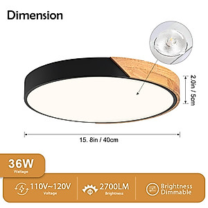 Vikaey Modern Dimmable LED Ceiling Light, Minimalist Wood Style 5CCT 2700K-6000K Flush Mount Ceiling Light Fixture, Round Lighting Lamp for Bedroom Living Room Dining Room Laundry, Black, 15.8"