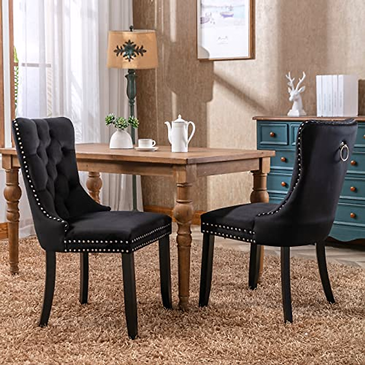 GEEVIVO Velvet Dining Chairs Set of 2, Upholstered Tufted Dining Room Chairs with Nailhead Button Back and Ring Pull Trim, Solid Wood Legs Side Dining Chairs for Dining Room/Kitchen/Restaurant, Black