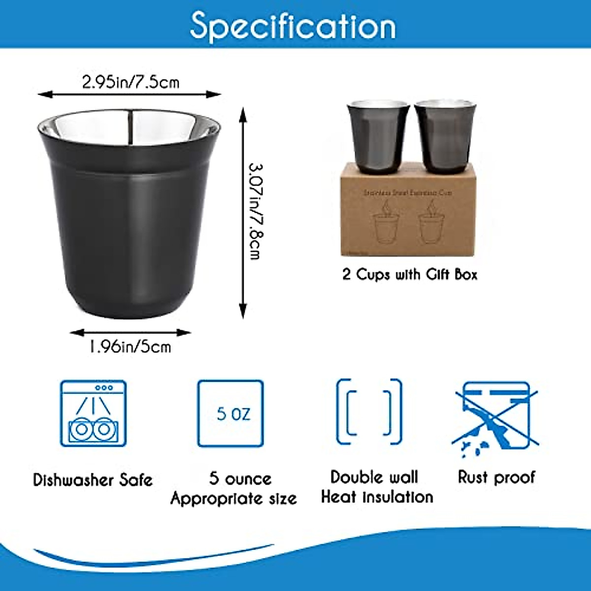 Easyworkz Stainless Steel Espresso Cup 2pcs Set Double Wall Insulated Metal Demitasse Cups 2.5 oz