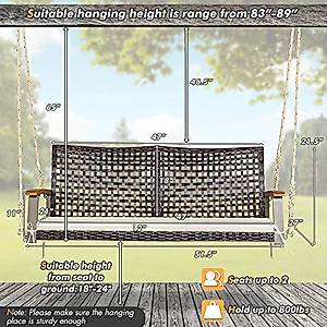 Happygrill 2-Seat Rattan Porch Swing Chair, Outdoor Wicker Swing Bench with Seat Cushion & Acacia Wood Armrests, Two 118” Hanging Ropes Included, Patio Hanging Swing Chair for Front Porch Backyard