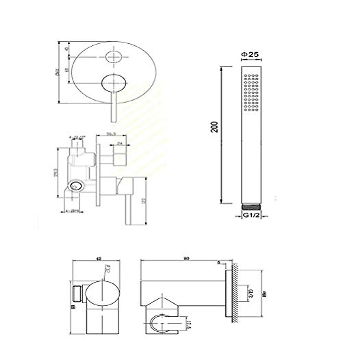 SYLKWOR Bathroom Taps, Bathroom Bath Matt Shower Faucet Brass Diverter Mixer Tap Set Hand Held Shower Head Wall-Mounted Shower System/10Inch