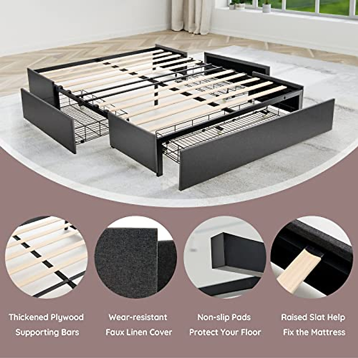 Giantex Bed Frame with 3 Drawers, Heavy Duty Full Size Platform Bed with Wooden Slats, Mattress Foundation with Sturdy Frame, No Box Spring Needed, Dark Grey, Headboard Not Included