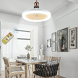 2-in-1 Round Modern White Electric Ceiling Fan Lights - Multifunctional Enclosed Low Profile E27 Dimmable LED Light Kit Gimbal Lamp Holder Ceiling Fan With Remote Control for Home Bedrooms (A)