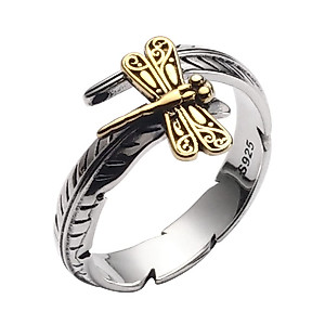 OIDIMS Dragonfly Adjustable Ring Cute Animal Sterling Silver 925 Plated Fashion Feather Stackable Open Vintage Retro Dragonflies Jewelry Gifts for Women Men Stacking Finger Rings Xmas Birthday