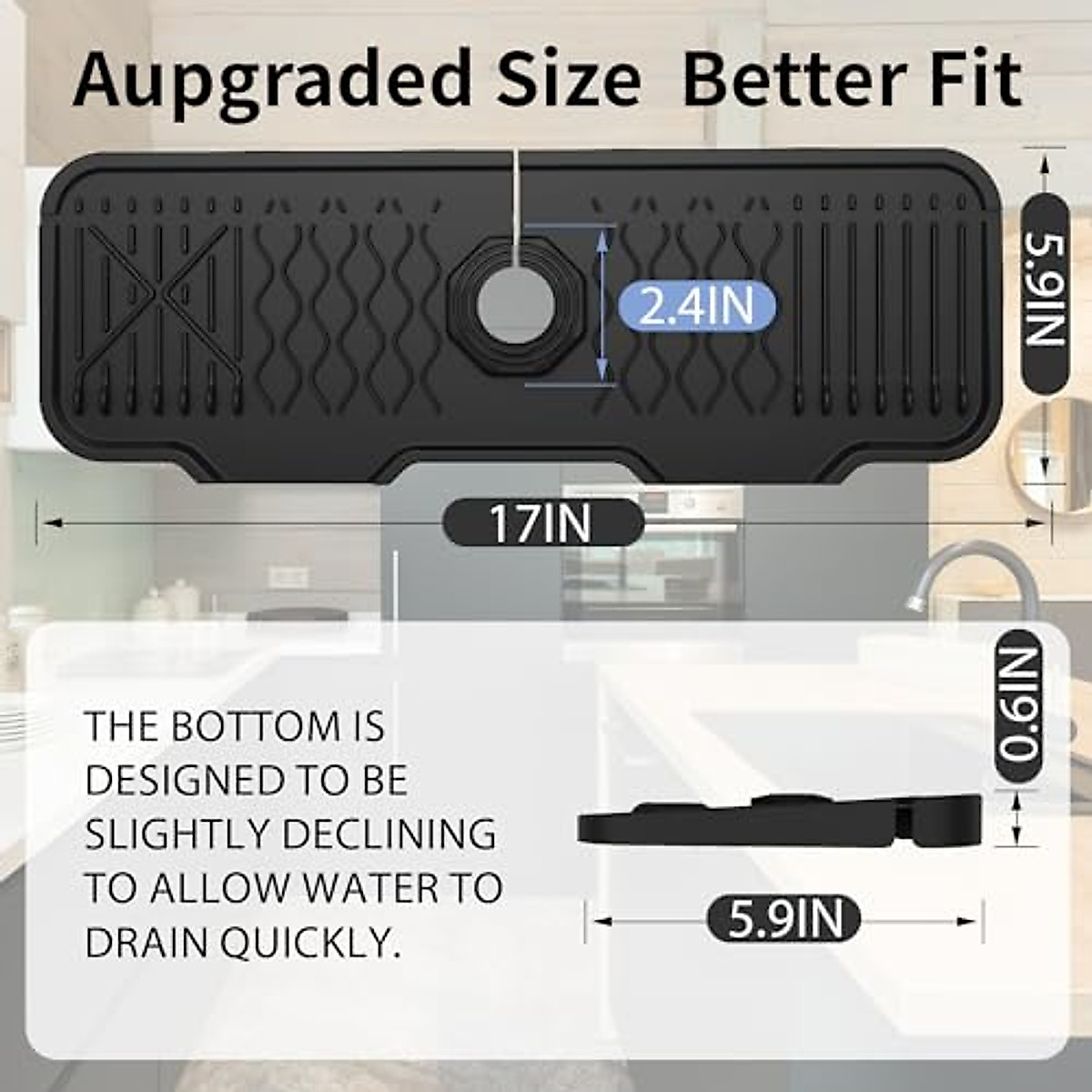 Kitchen Sink Splash Guard, Silicone Draining Mat Kitchen Faucet, 90° Foldable Design to Accommodate a Variety of Sink Countertops Black (17* 5.9)