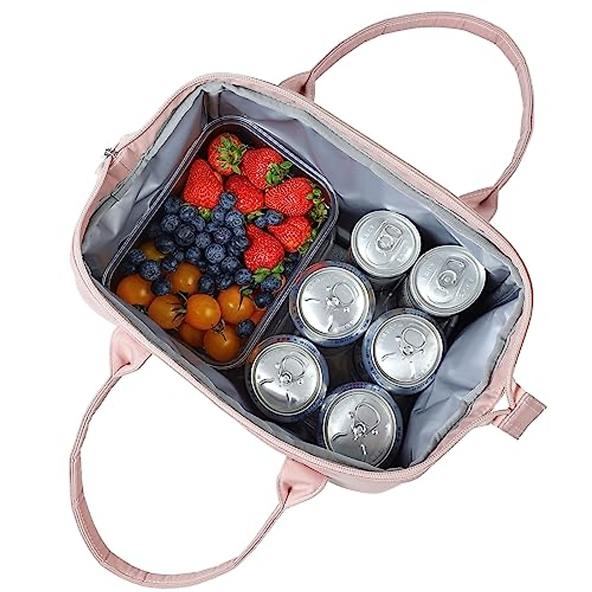 FINDCOZY Insulated Lunch Bag for Women, Cute Lunch Box, Reusable Cooler Bag with Removable Shoulder Strap and Side pockets for Work or Picnic, Pink