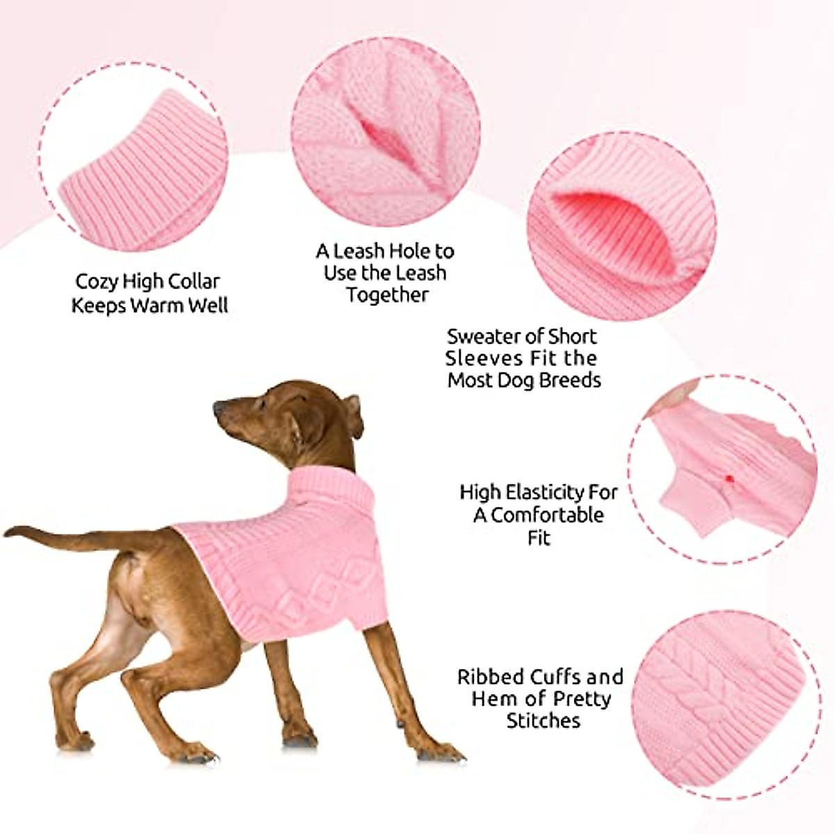 Queenmore Dog Turtleneck Sweater, Classic Cable Knit Cold Weather Thick Sweater for Small Medium Dogs (Pink, S)