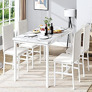 tantohom Faux Marble Dining Table Set, Compact Kitchen Table and Chairs for 4, 5 Pieces Dining Room Table Set with 4 Leather Upholstery Chairs for Small Space, Living Room, Breakfast Nook, All White