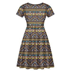 ENLACHIC Women's Traditional Aztec Print V Neck Short Sleeve A-line Swing Midi Dress,Yellow African Aztec,3XL