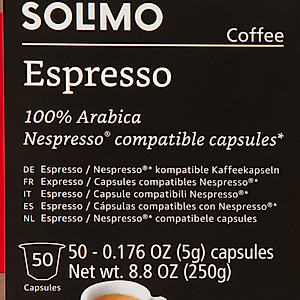 Amazon Brand - Solimo Espresso Capsules 50 CT, Compatible with Nespresso Original Brewers