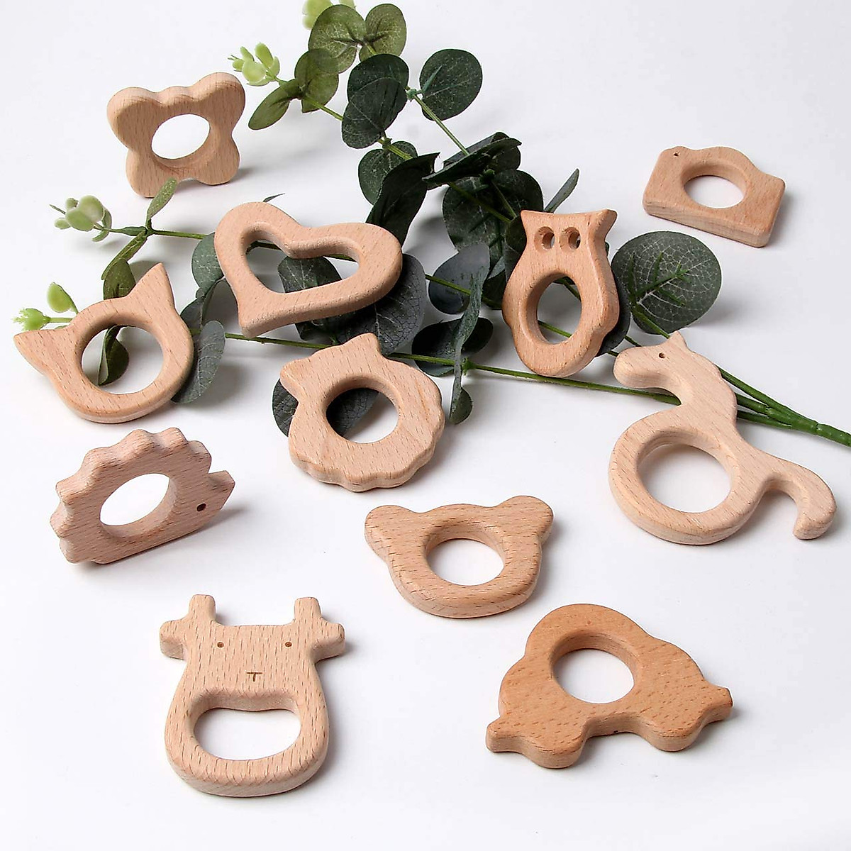 Teether Ring Baby Clip Beech Wood Teething Handmade Toddle Jewelry Nursling Accessories, Cat Camera Seahorse Heart Bear Shell Hedgehog Cow Butterfly Owl Car