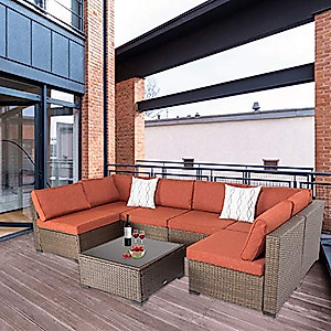 KINTNESS 7pcs Patio Furniture Sets Outdoor Sectional Sofa Rattan Wicker Conversation Set Outside Couch with Cushions and Glass Table