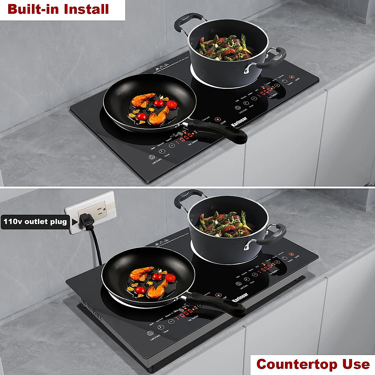 Karinear 2 Burners Electric Cooktop 24 Inch, 110v~120v Countertop and Built-in Elecric Stove Top, Portable Electric Radiant with Outlet Plug, Sensor Touch, Child Safety Lock, Timer
