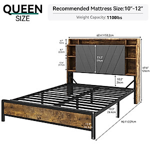 YITAHOME Queen Bed Frame with Storage Headboard, Platform Upholstered Bed with LED Lights & Charging Station, No Box Spring Needed - Brown